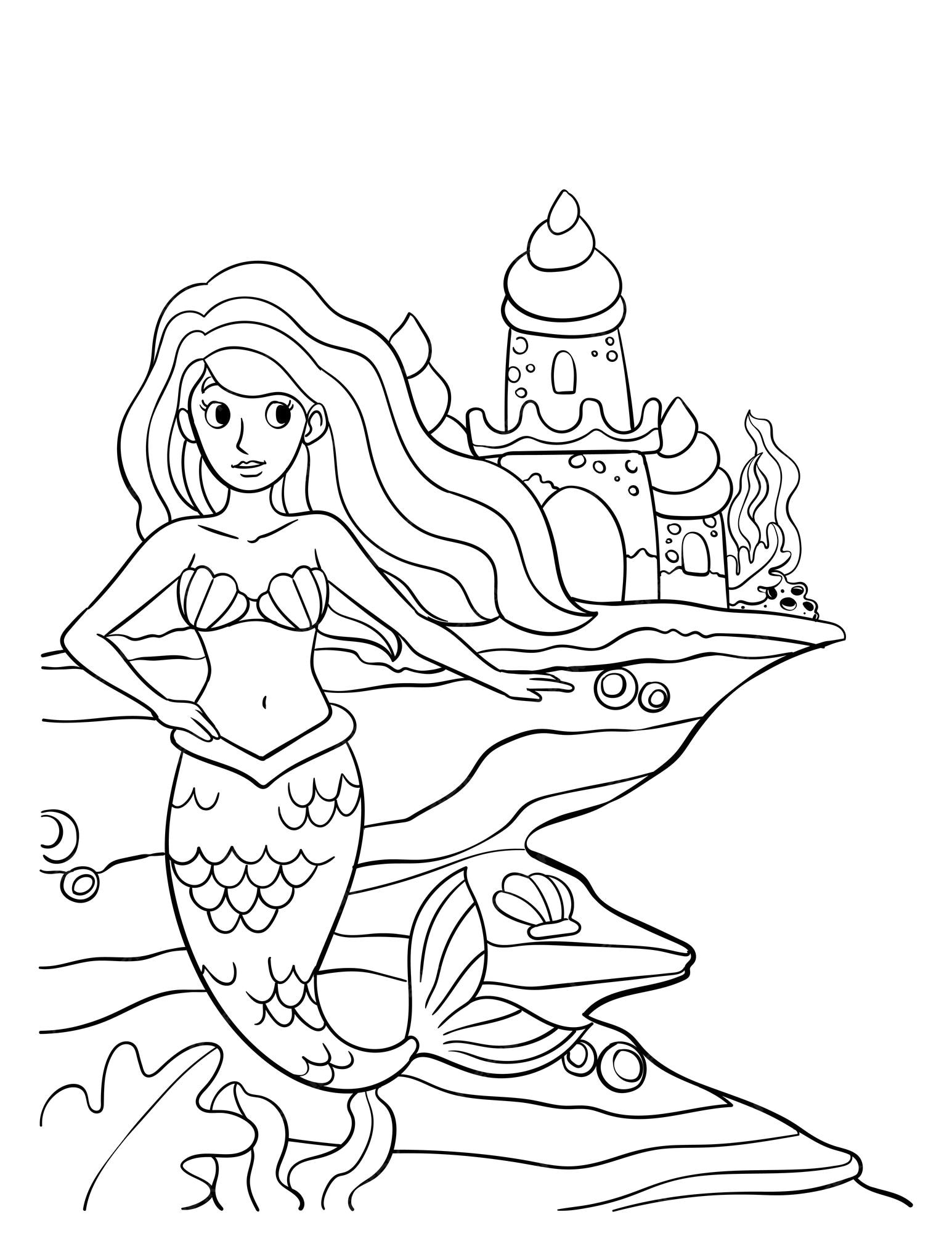 Premium Vector | Beautiful Mermaid Isolated Coloring Page for Kids Premium Vector | Beautiful Mermaid Isolated Coloring Page for Kids