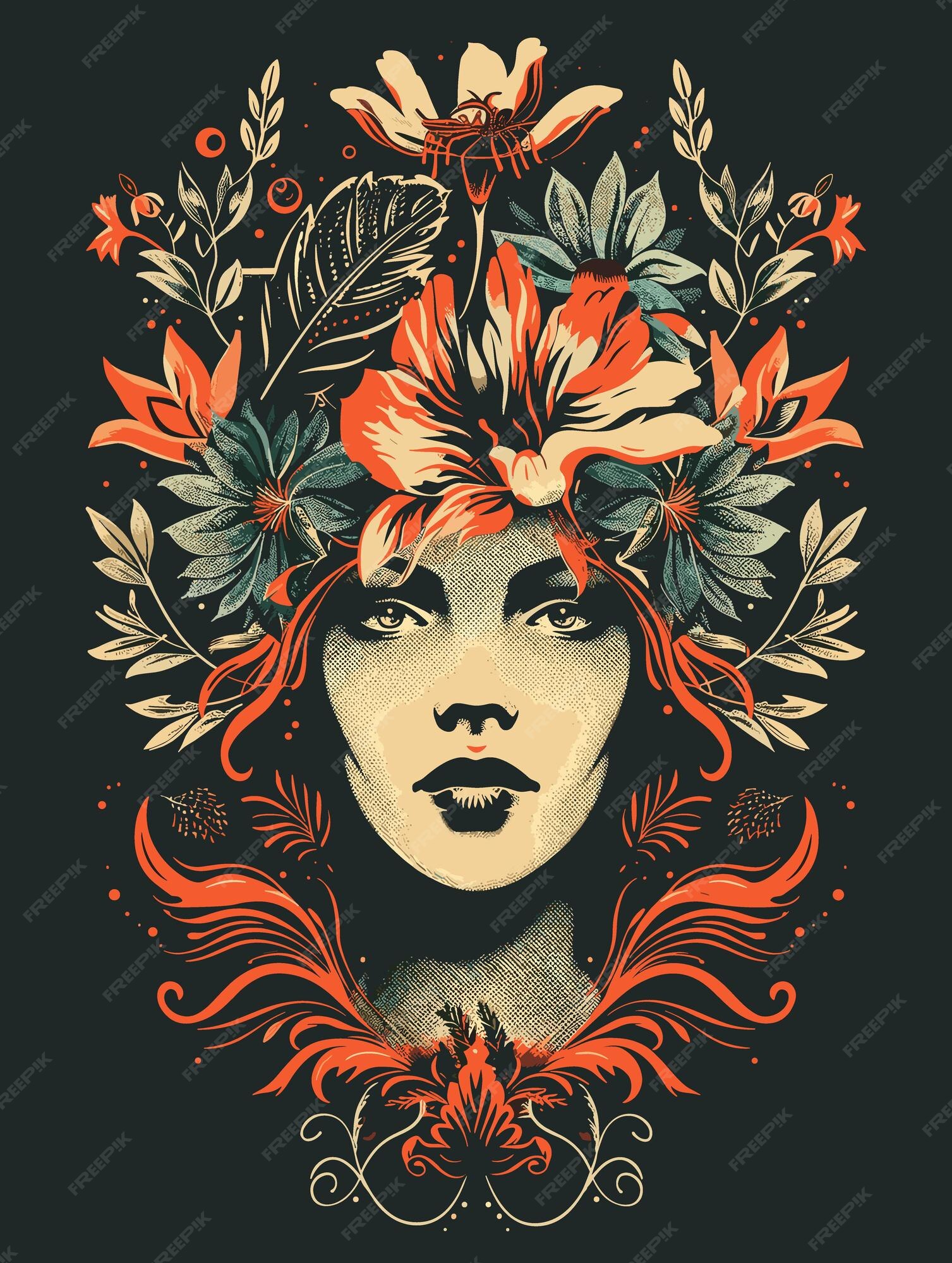 Premium Vector Beautiful Woman Face With Floral Wreath On Her Head
