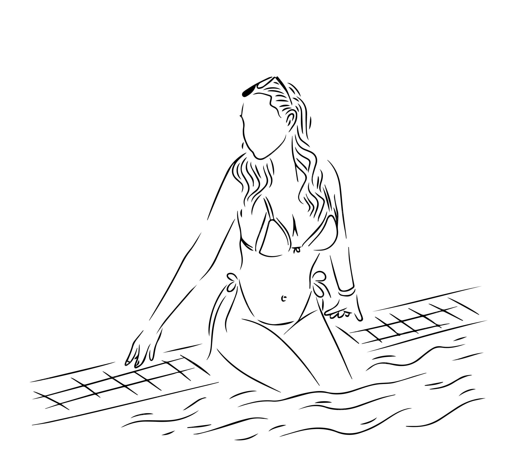 Premium Vector Beautiful Woman In A Pool Using Bikini Line Art Illustration