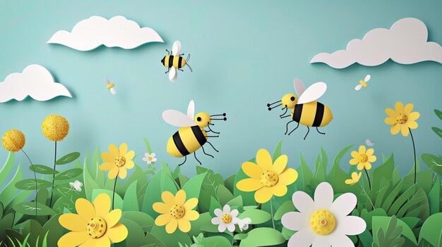 Premium Vector Bees Flying In The Sky With Clouds And Flowers