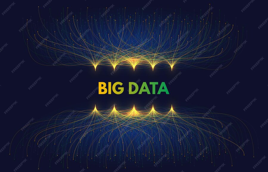빅 데이터 스트림 디지털 기술 시각화 네트워크 흐름 순서 및 추상 데이터베이스 노드 연결 벡터 개념 그림 프리미엄 벡터