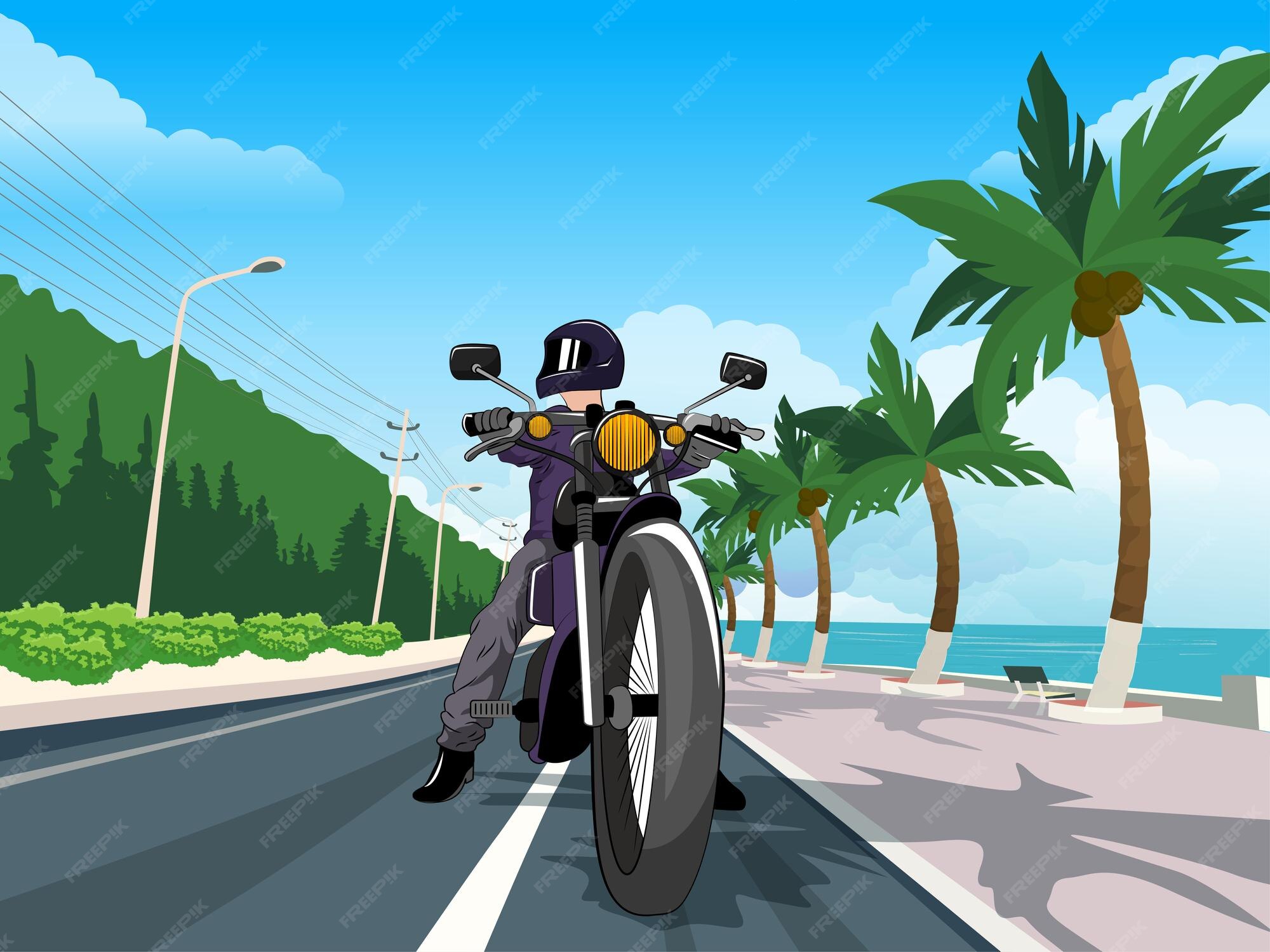 Premium Vector Biker Standing Near The Beach Road