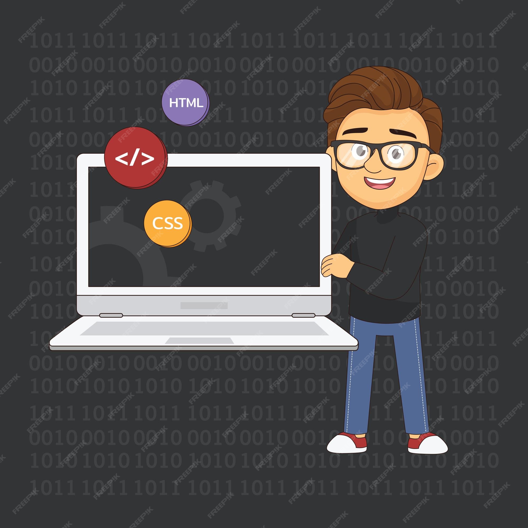 Premium Vector | Binary Coding Happy Programmer Man with Laptop