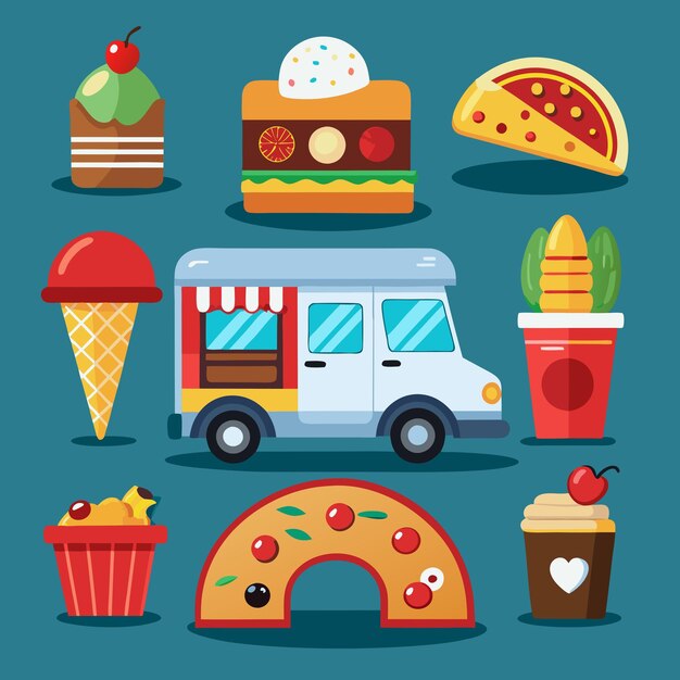 A Blue Background With A Picture Of A Ice Cream Truck And A Ice Cream Van Premium Ai Generated
