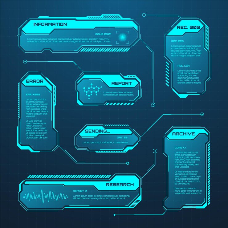 青の未来的な Hud または Ui 要素 Sf ユーザー インターフェイスのテキスト ボックスの吹き出し警告メッセージ フレーム情報ボックス