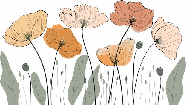 Botanical Poppies Flowers Continuous Line Drawing Minimalist Premium