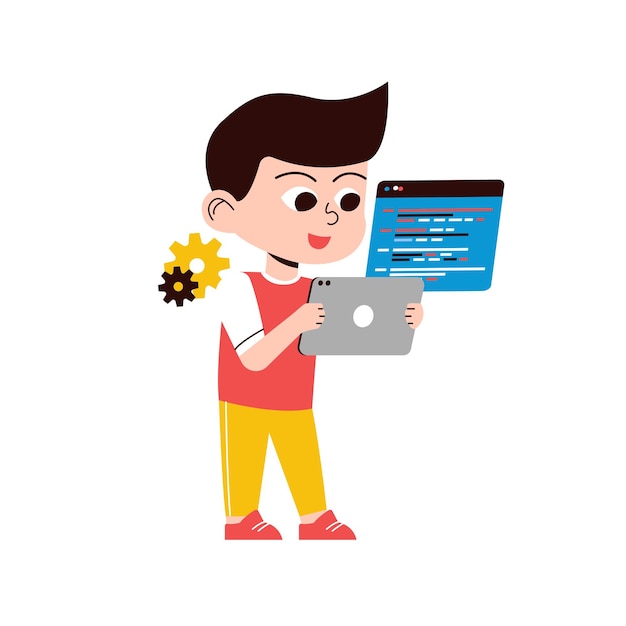 Premium Vector | Boy coding with pad illustration Premium Vector | Boy coding with pad illustration