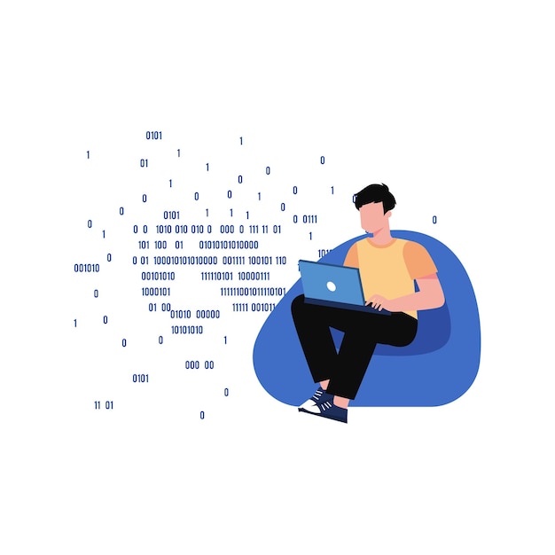 Premium Vector | Boy doing binary coding on laptop Premium Vector | Boy doing binary coding on laptop