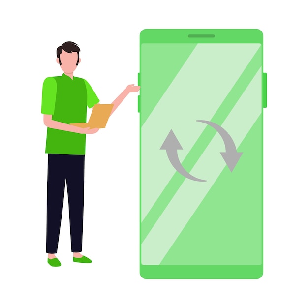 Premium Vector | Boy syncing mobile phone Premium Vector | Boy syncing mobile phone