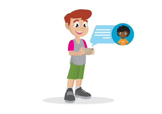Premium Vector | Boy with chat messages notification on smartphone. Premium Vector | Boy with chat messages notification on smartphone.