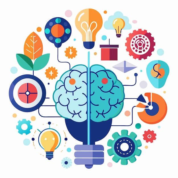 Brain as a lightbulb surrounded by various business icons representing ... Brain as a lightbulb surrounded by various business icons representing ...