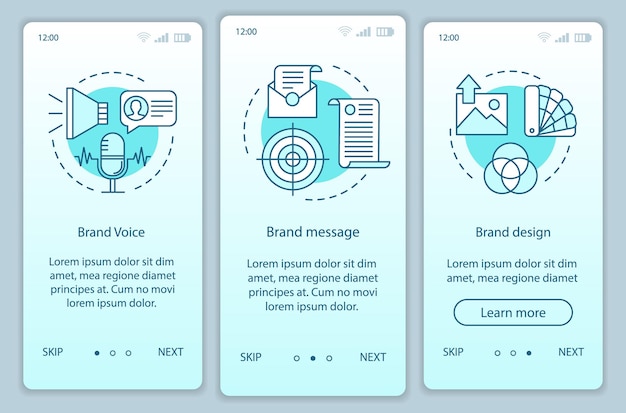 브랜딩 요소 온보딩 모바일 앱 페이지 화면 벡터 템플릿 브랜드 보이스 메시지 및 디자인 선형 삽화가 포함된 연습 웹 사이트 단계 Ux Ui Gui 스마트폰