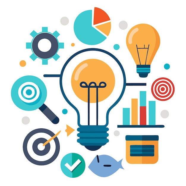 Bright lightbulb surrounded by icons representing business success and ... Bright lightbulb surrounded by icons representing business success and ...