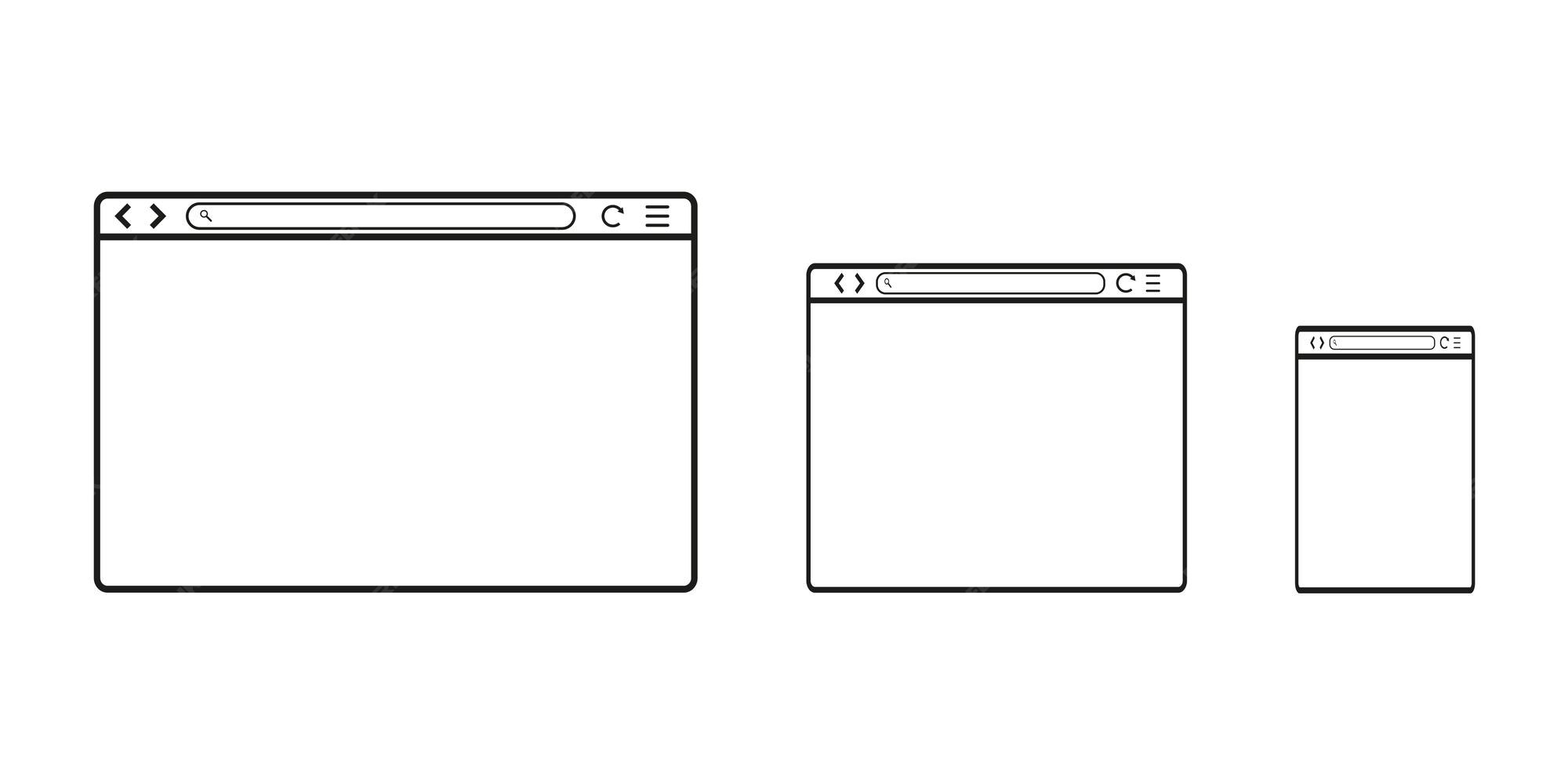 브라우저 창 라인 디자인 빈 템플릿입니다 데스크탑 컴퓨터와 같은 다양한 장치를 위한 웹 사이트 창 프리미엄 벡터