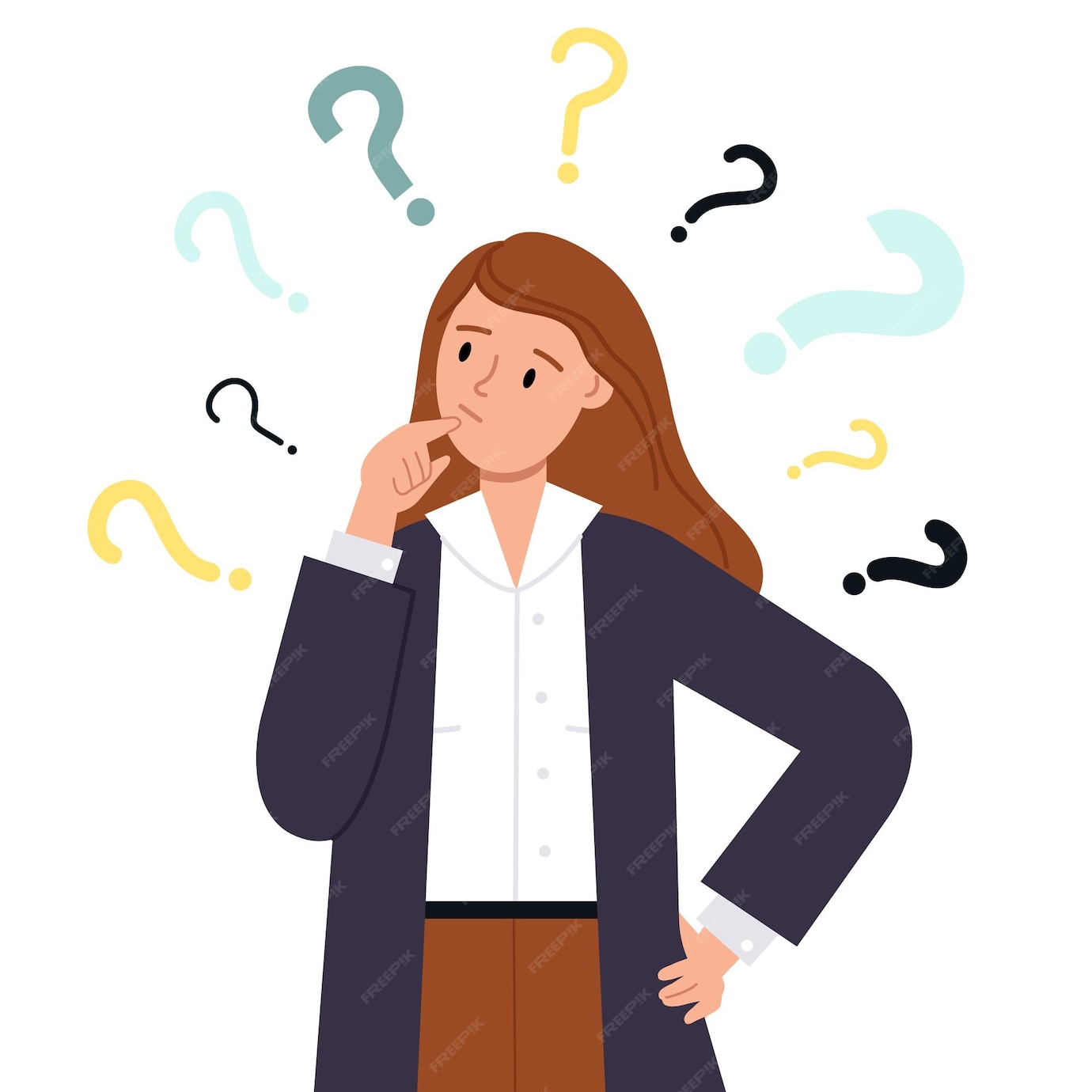 Premium Vector | Business woman doubt Girl think about question Person ... Premium Vector | Business woman doubt Girl think about question Person ...