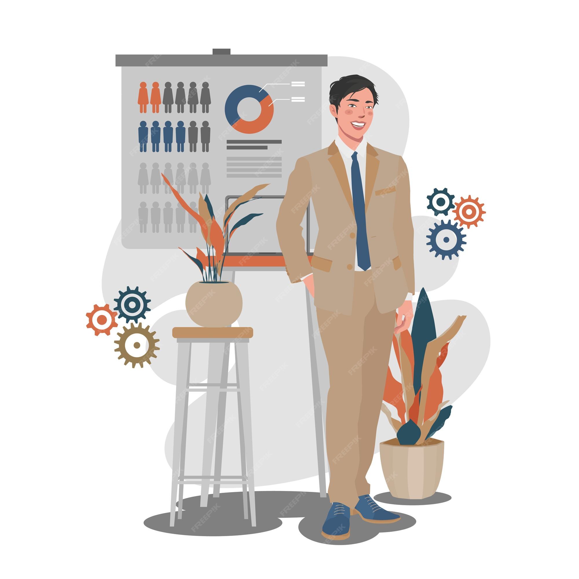 Premium Vector | Businessman explaining charts and graphs illustration Premium Vector | Businessman explaining charts and graphs illustration