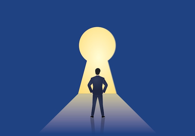 Premium Vector | Businessman standing in front of a keyhole Premium Vector | Businessman standing in front of a keyhole