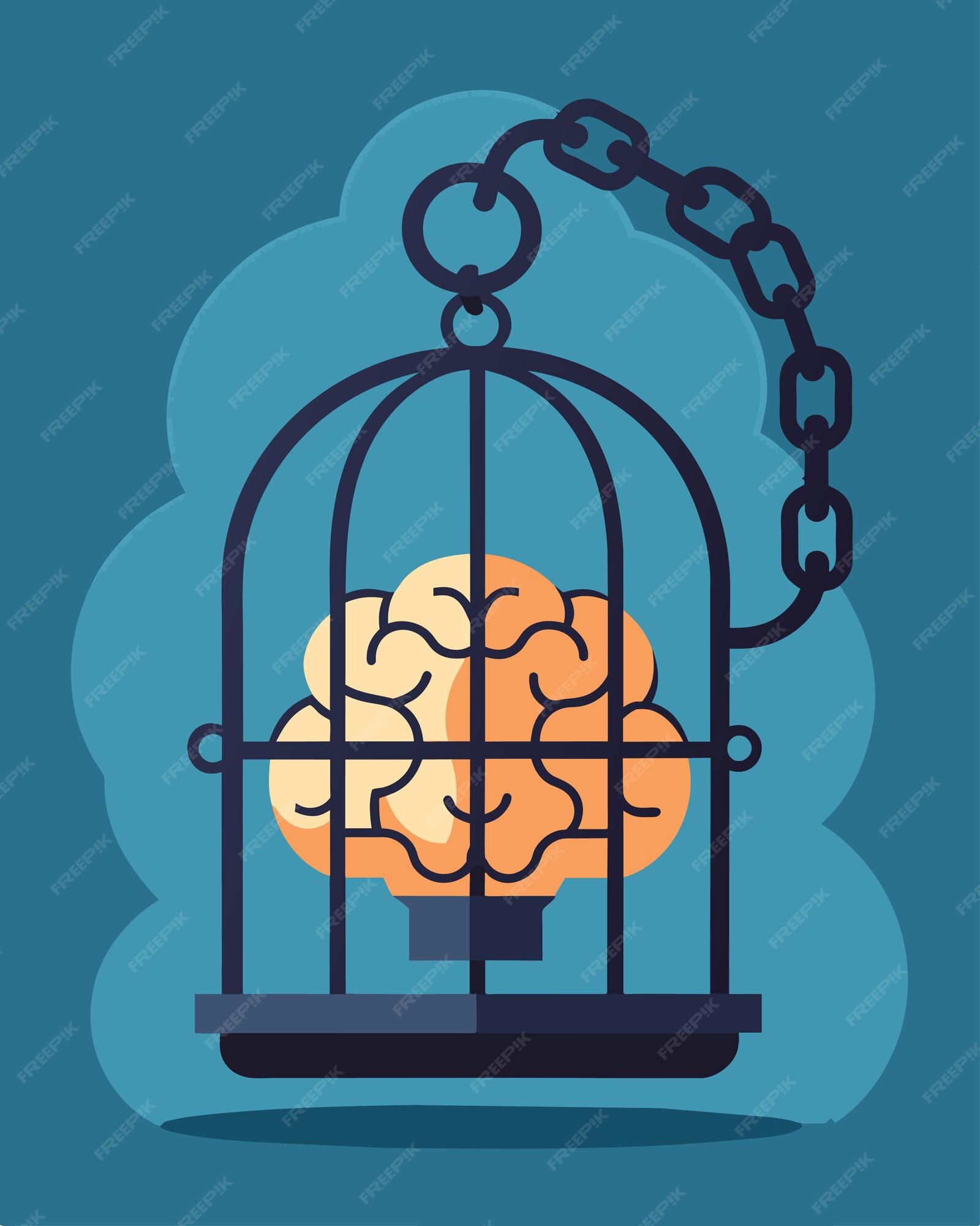 A cage in the shape of a brain with chains wrapped around it depicting ... A cage in the shape of a brain with chains wrapped around it depicting ...