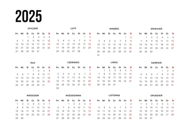 Premium Vector | Calendar 2025 in Polish language Vector Premium Vector | Calendar 2025 in Polish language Vector