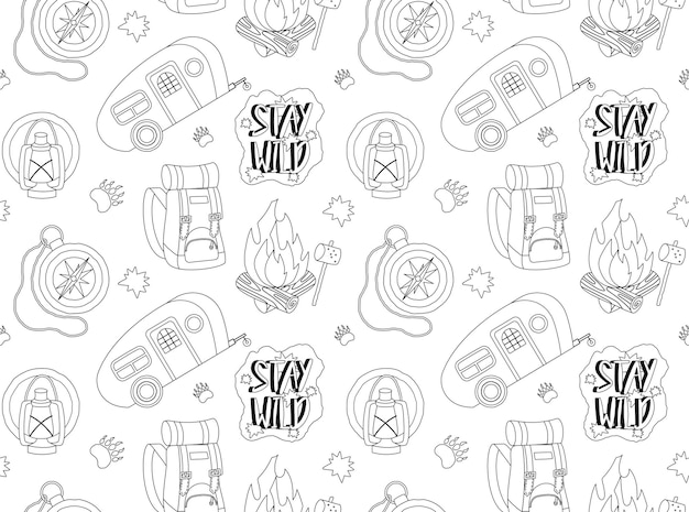 Premium Vector | Camping seamless pattern outline Premium Vector | Camping seamless pattern outline