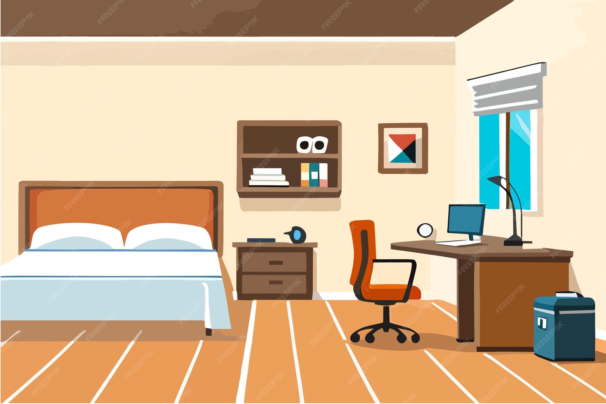 A Cartoon Of A Bedroom With A Bed Desk And A Desk With A Clock Premium Ai Generated Vector