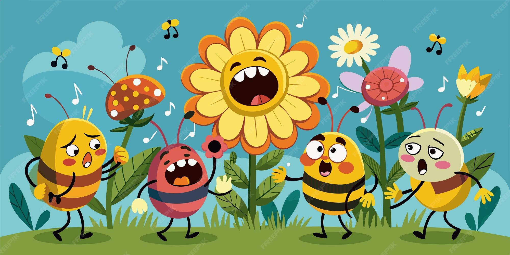 Premium Vector A Cartoon Of Bees And Bees With A Flower In The Background