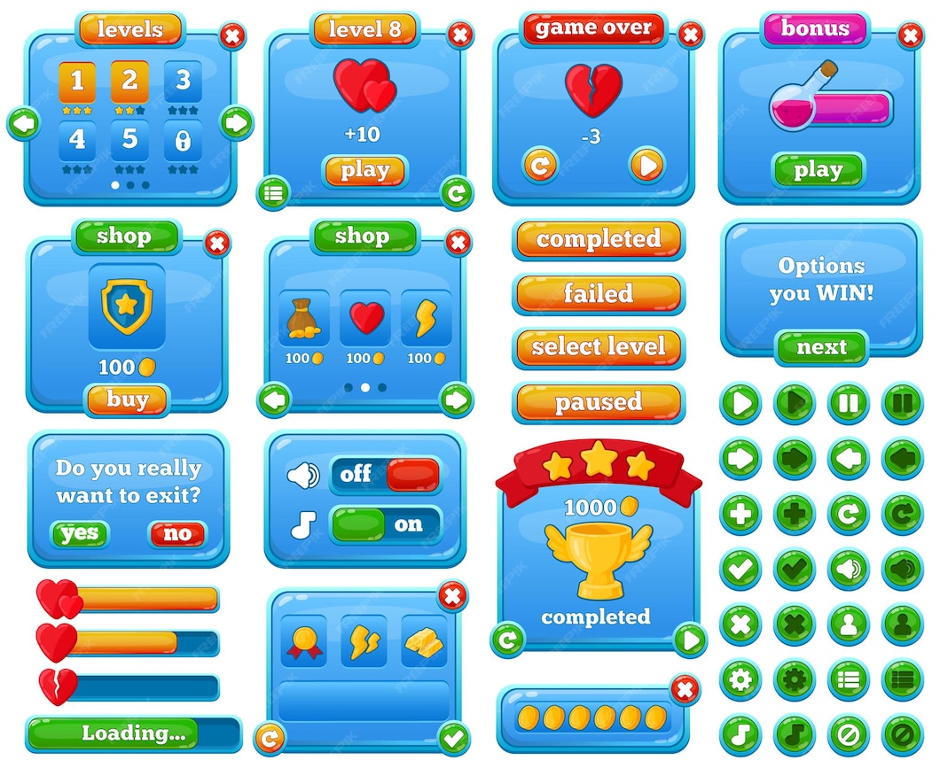 Premium Vector | Cartoon casual web mobile game menu interface. game ...