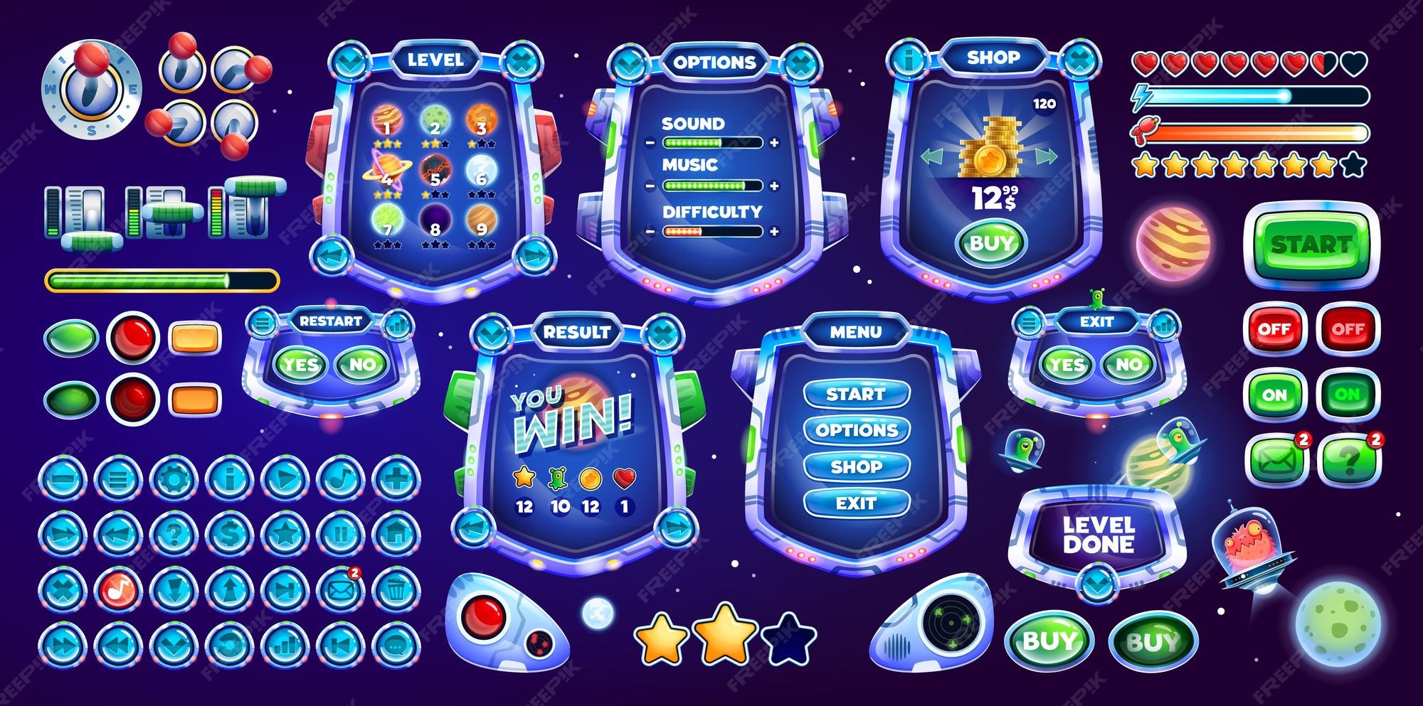 Premium Vector | Cartoon galaxy space game interface Game buttons gui elements ui game asset of ...