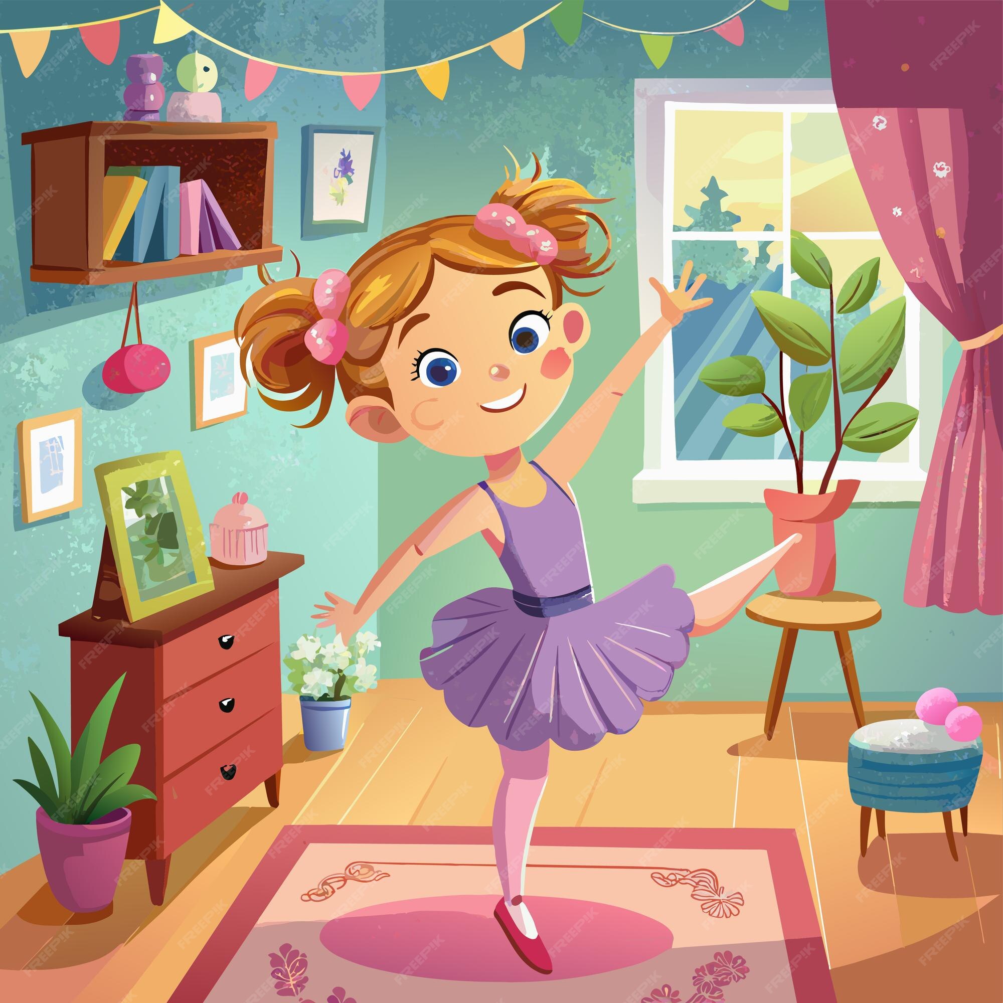 Premium Vector A Cartoon Girl Dancing In A Room With A Colorful Wallpaper