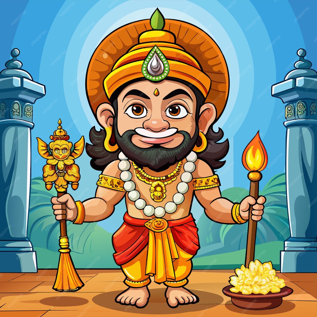 Premium Vector A Cartoon Of A God With A Statue Of Deity And A Dragon