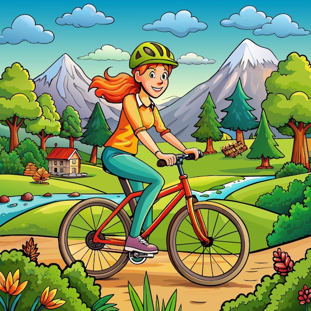 Premium Vector A Cartoon Illustration Of A Girl Riding A Bike In A Forest