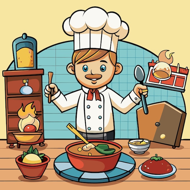 Cartoon Illustration Of A Male Chef Cooking Delicacies Premium Ai