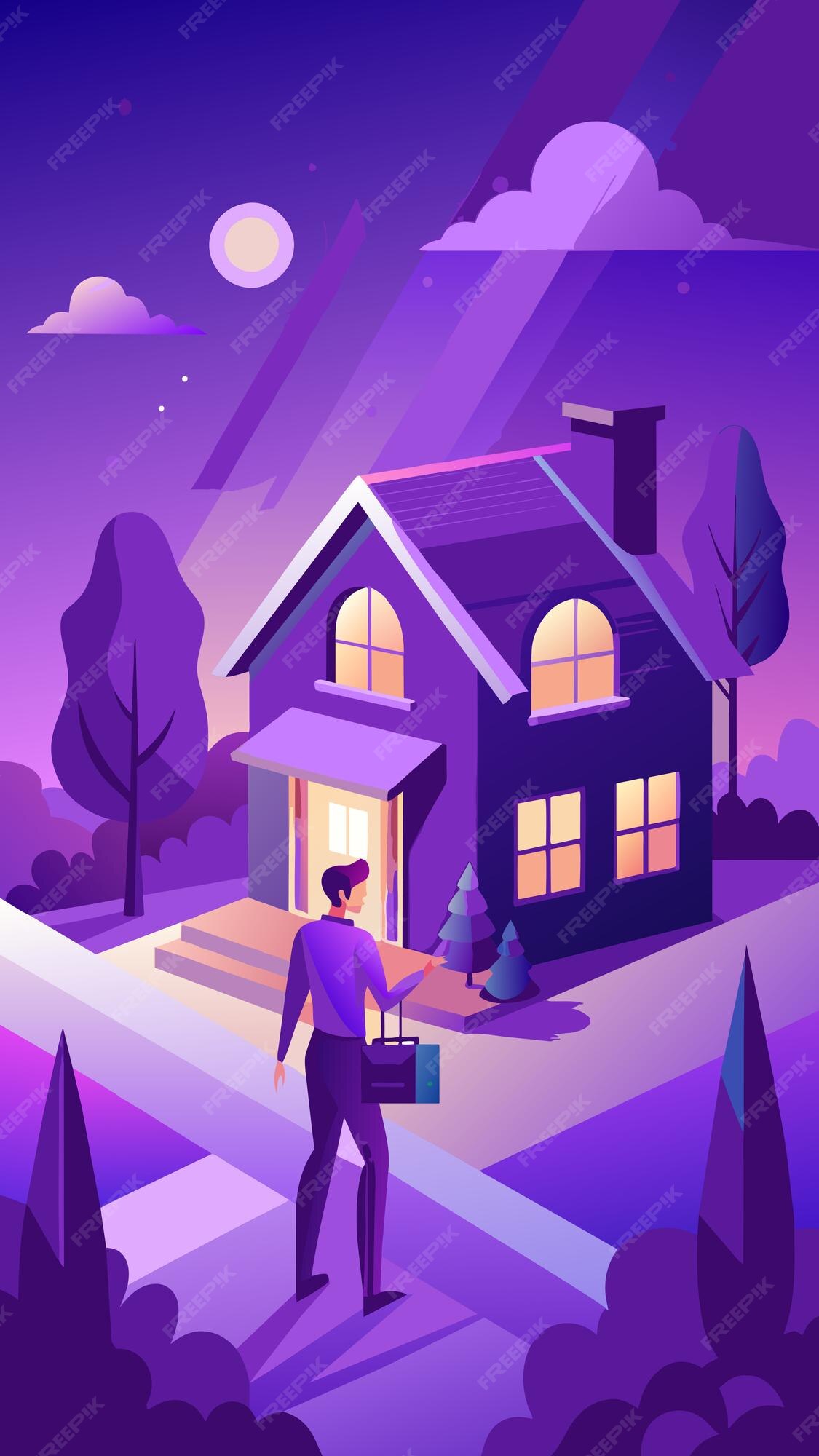 A Cartoon Illustration Of A Man Walking In Front Of A House With A Man