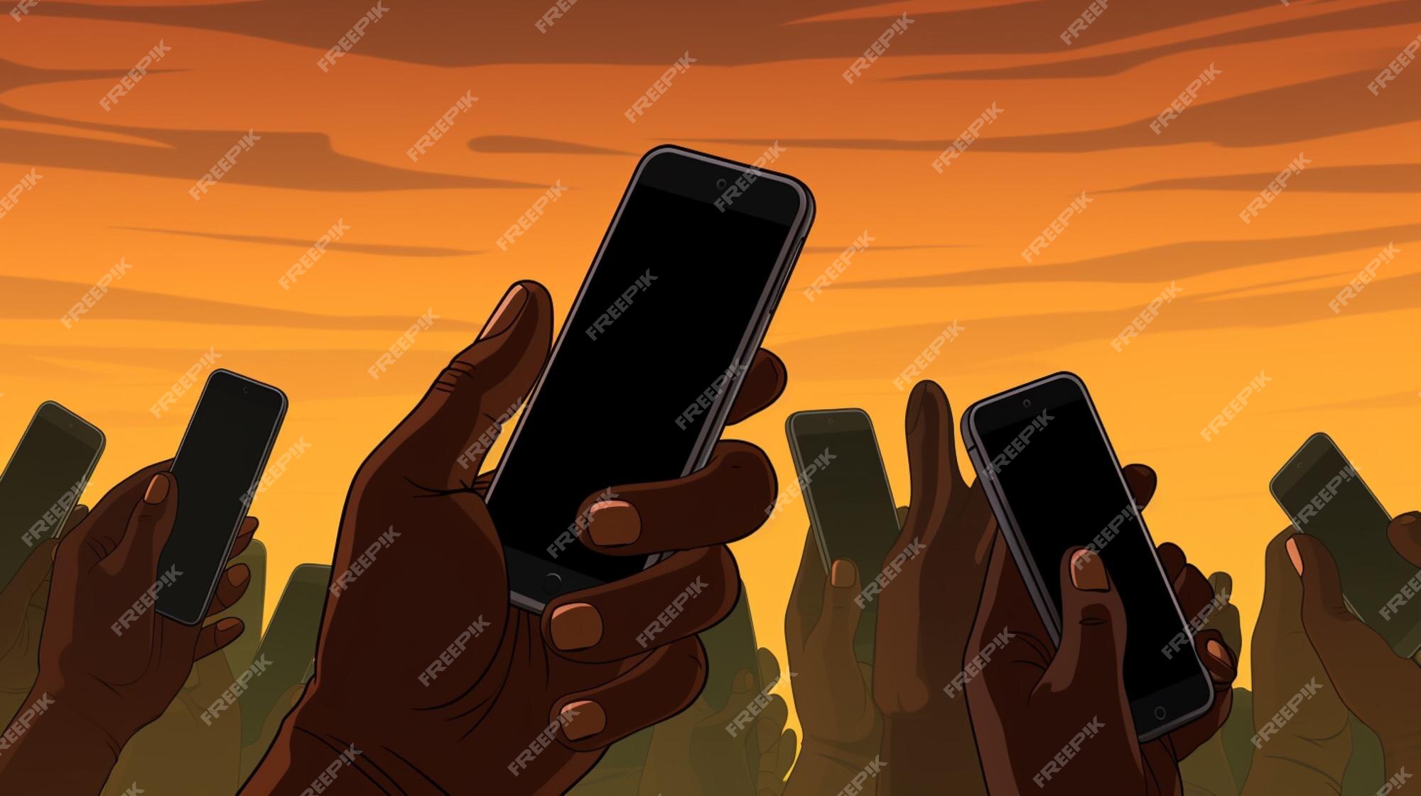 Premium Vector A Cartoon Of A Person Holding Up A Cell Phone With The