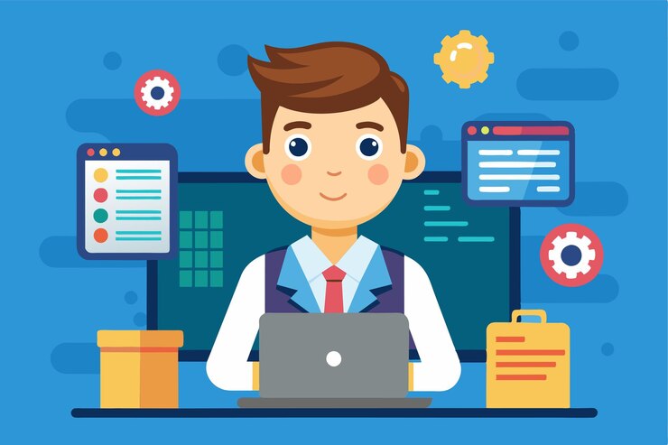 A cartoon programmer focuses on coding at a desk surrounded by vibrant ...