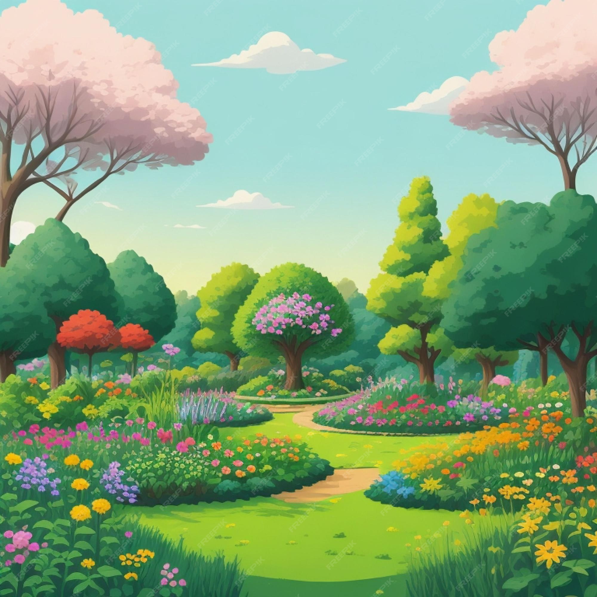 Premium Vector Cartoon Style Beautiful Garden Background Illustration