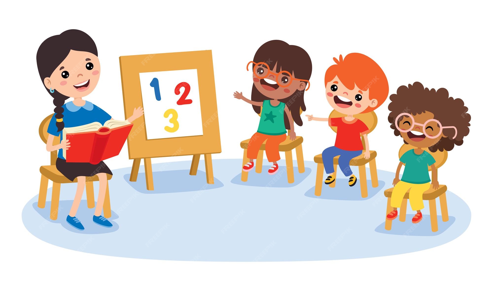 Premium Vector | Cartoon Teacher and School Children Premium Vector | Cartoon Teacher and School Children