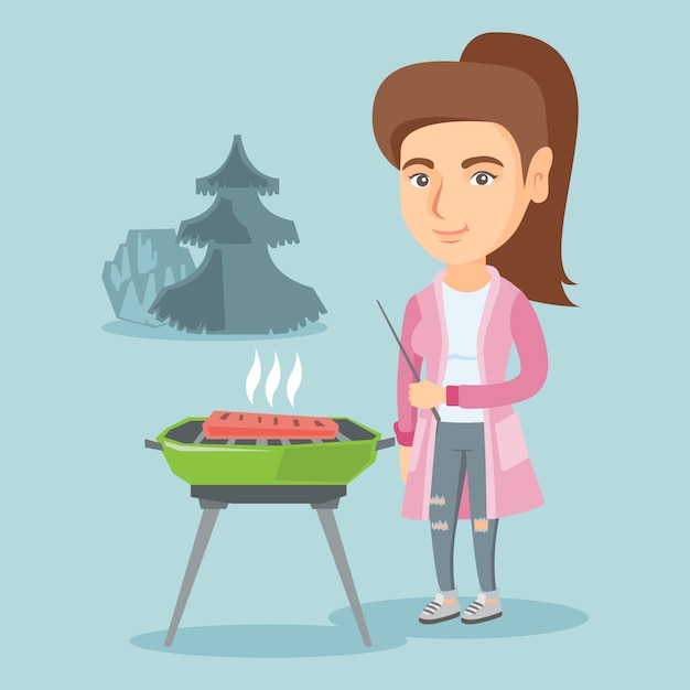 Premium Vector Caucasian Woman Cooking Steak On The Barbecue