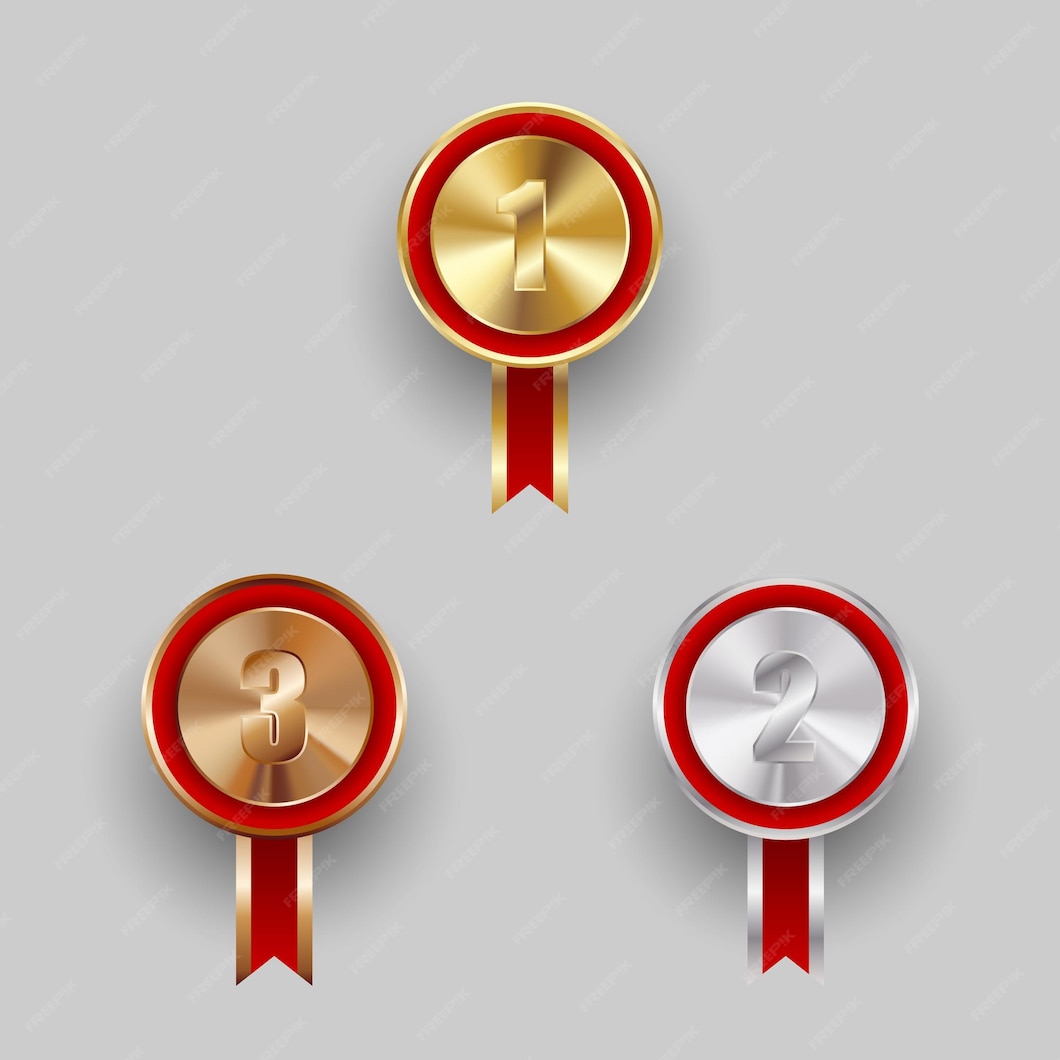 Premium Vector Champion Gold Silver And Bronze Medal With Red Ribbon