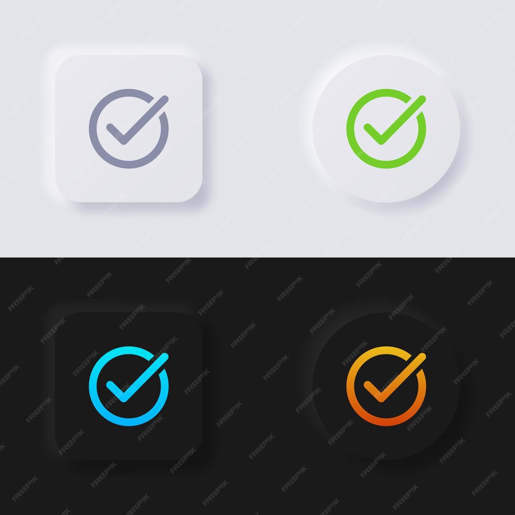 웹 디자인 응용 프로그램 Ui 등을 위한 다중 색상 뉴모피즘 버튼 소프트 Ui 디자인을 확인 표시 아이콘 설정 프리미엄 벡터