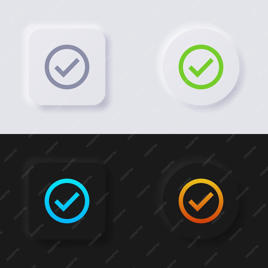 웹 디자인 응용 프로그램 Ui 등을 위한 다중 색상 뉴모피즘 버튼 소프트 Ui 디자인을 확인 표시 아이콘 설정 프리미엄 벡터