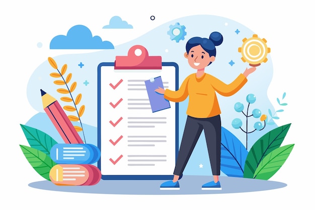 A cheerful character stands beside a checklist highlighting personal ... A cheerful character stands beside a checklist highlighting personal ...