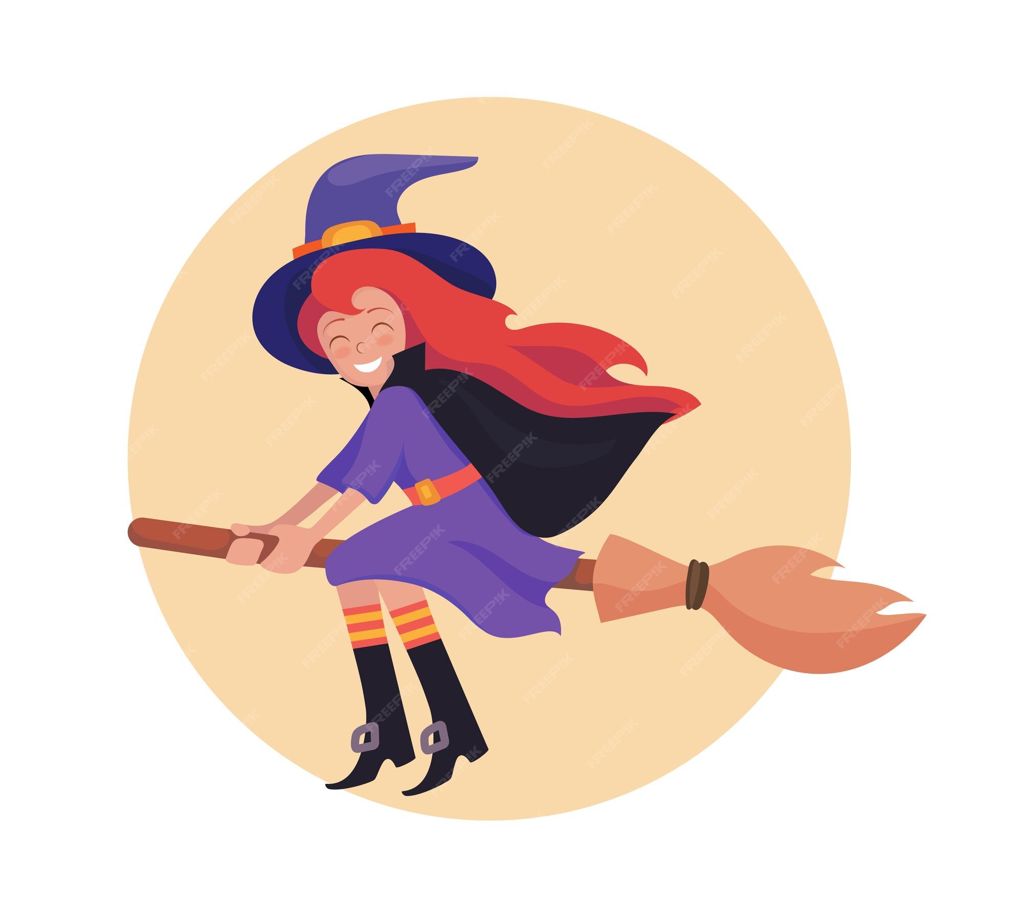 Premium Vector Cheerful Witch Flying On A Broomstick Vector Illustration For Halloween