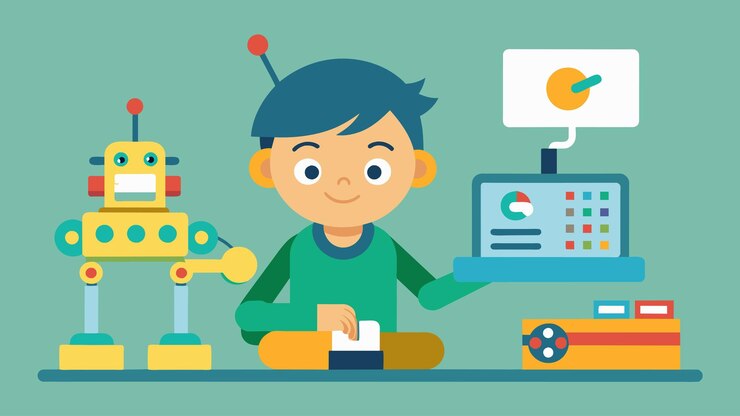 Premium Vector | A child playing with a programmable robot using it to ...