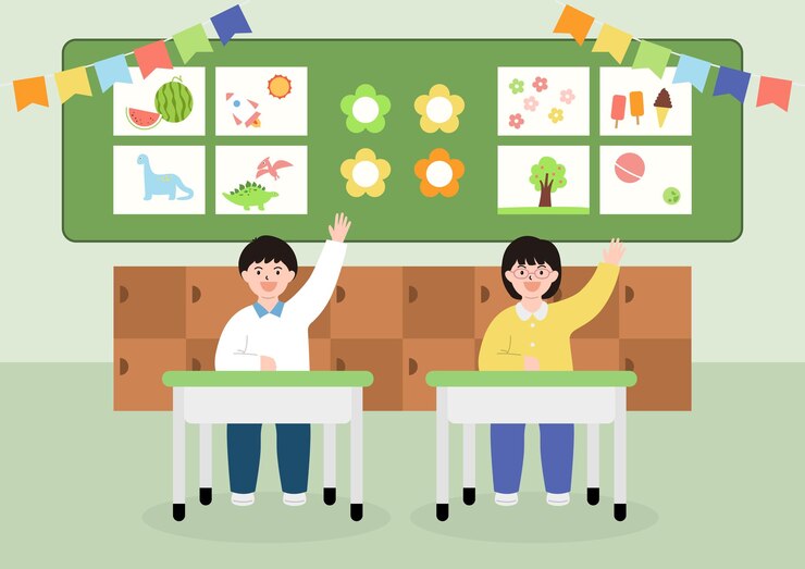 Premium Vector | Children asking questions during class Premium Vector | Children asking questions during class