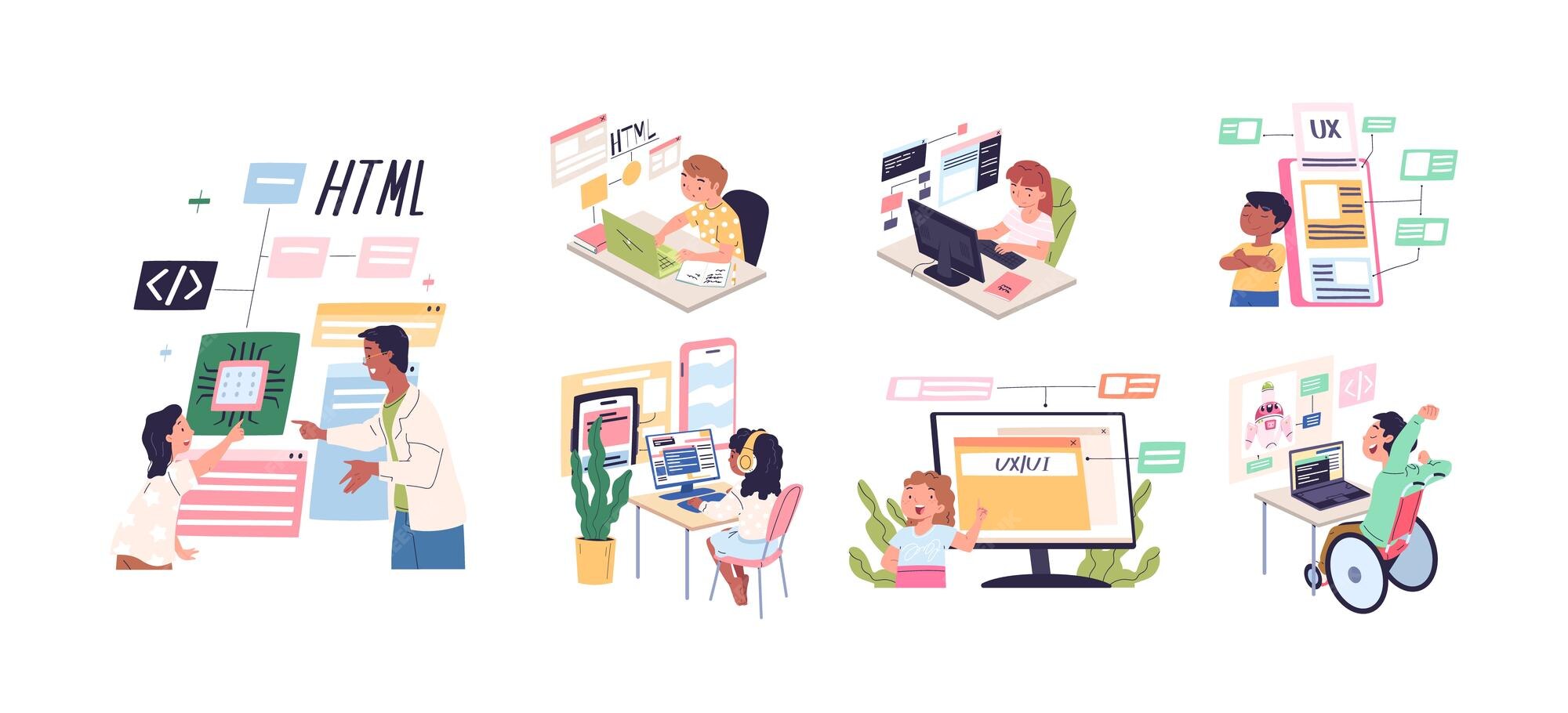 Premium Vector | Children code learning Kids writing codes child ...