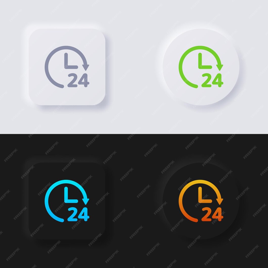 웹 디자인 응용 프로그램 Ui 등을 위한 숫자 24시간 다색 뉴모피즘 버튼 소프트 Ui 디자인이 있는 원형 화살표 아이콘 버튼