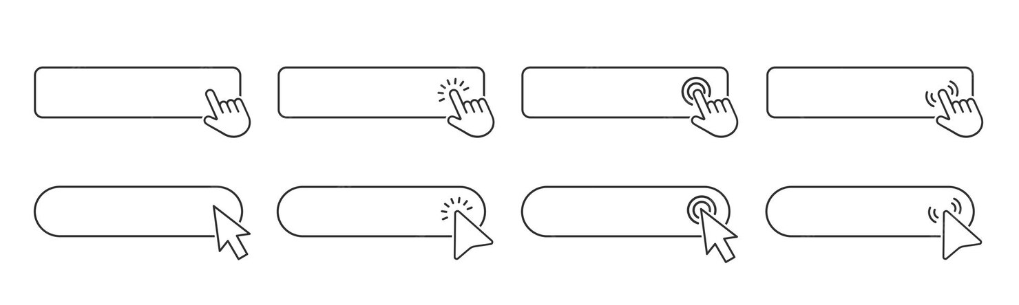 Premium Vector | Click here button with hand or mouse cursor click action button hand pointer ...