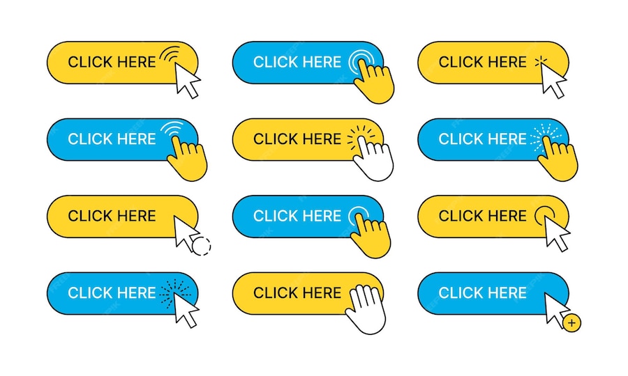 Premium Vector | Click here buttons web ui navigation elements arrows hand click pointers garish ...