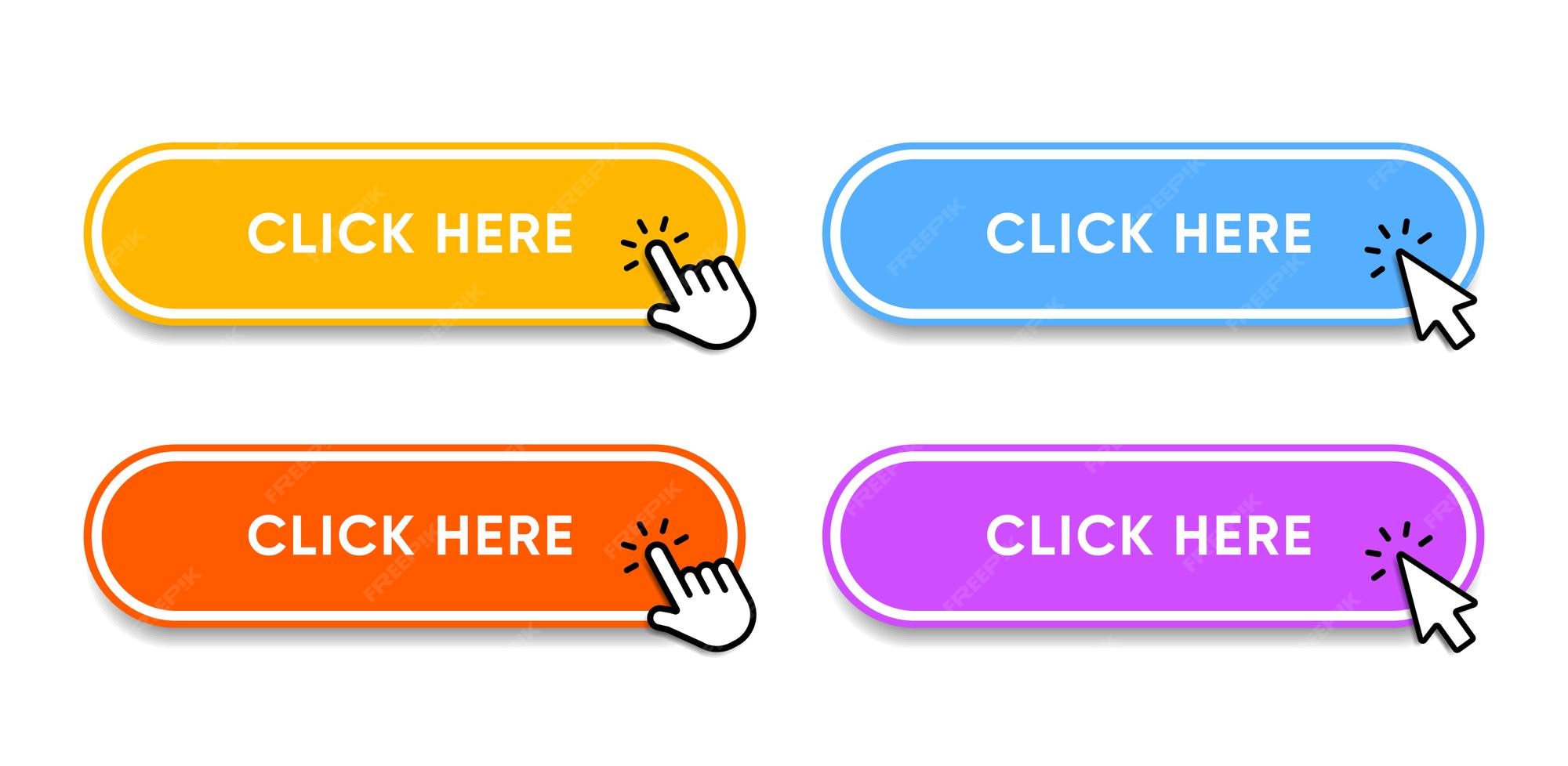 Premium Vector | Click here web buttons with hand cursor Set of action button with arrow pointer ...